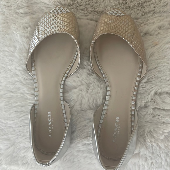 Coach | Shoes | Coach Ny Silver Peep Toe Flat Sandals Size 75 | Poshmark